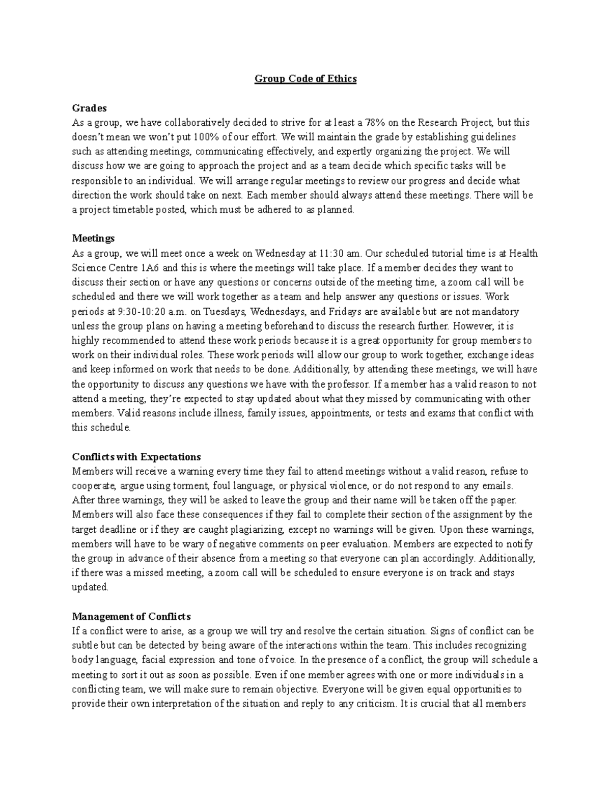 Group Code of Ethics - Fourth Submission - Group Code of Ethics Grades ...