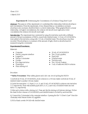 Acid Base Titration - Chemistry 1210 Lab report containing an abstract ...