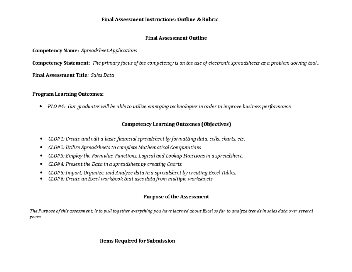 Final Assessment Outline - Final Assessment Outline Competency Name: Spreadsheet Applications ...