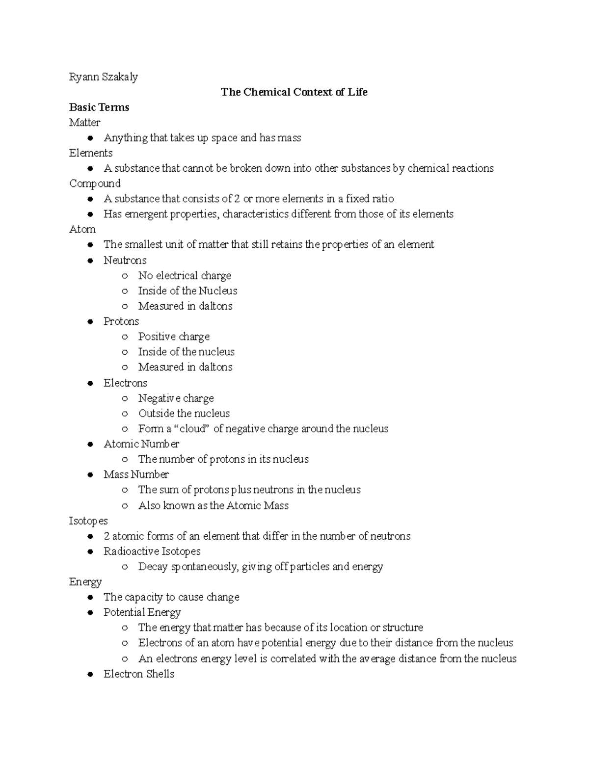 Ch. 2 Notes - The Chemical Context of Life - Ryann Szakaly The Chemical ...