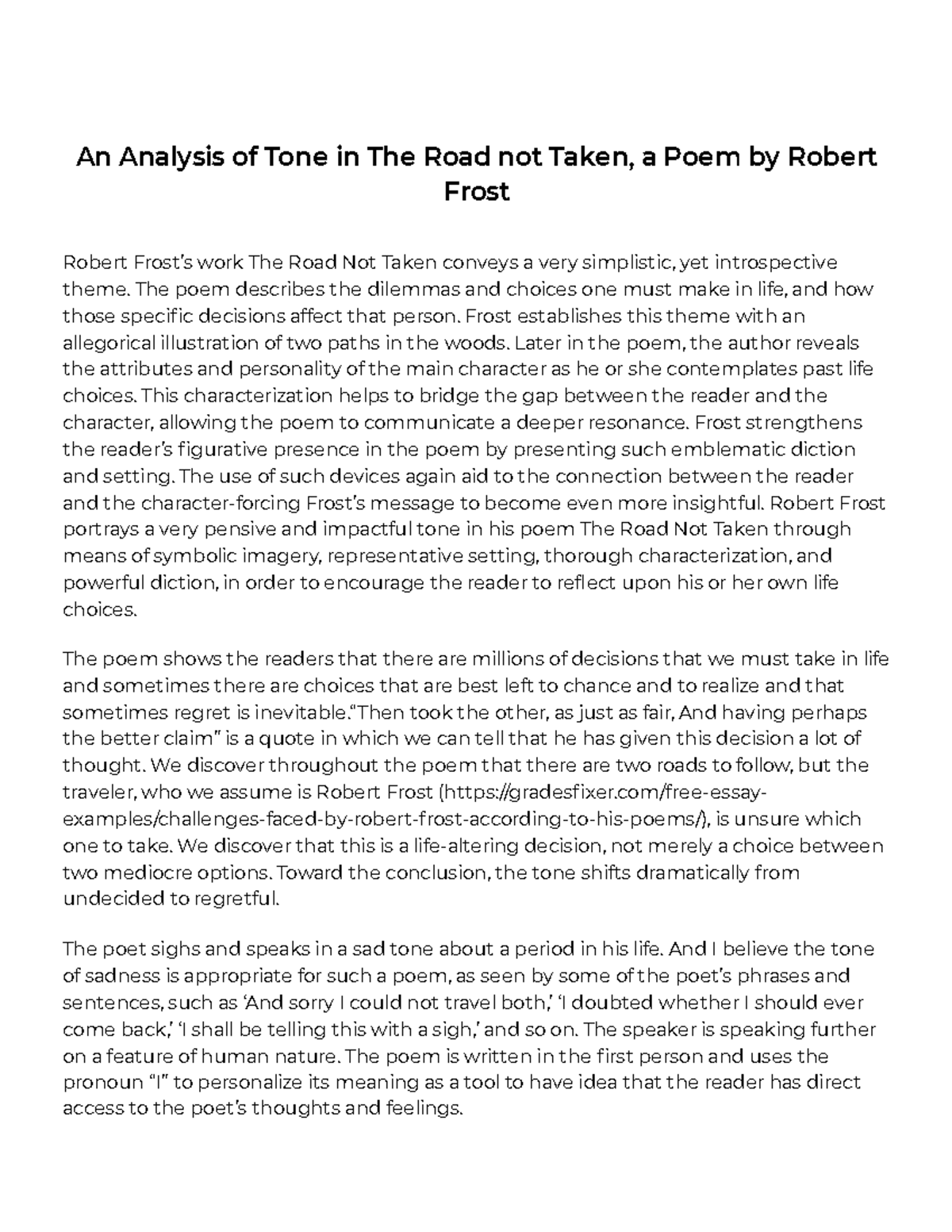 An Analysis of Tone in The Road Not Taken, a Poem by Robert Frost ...