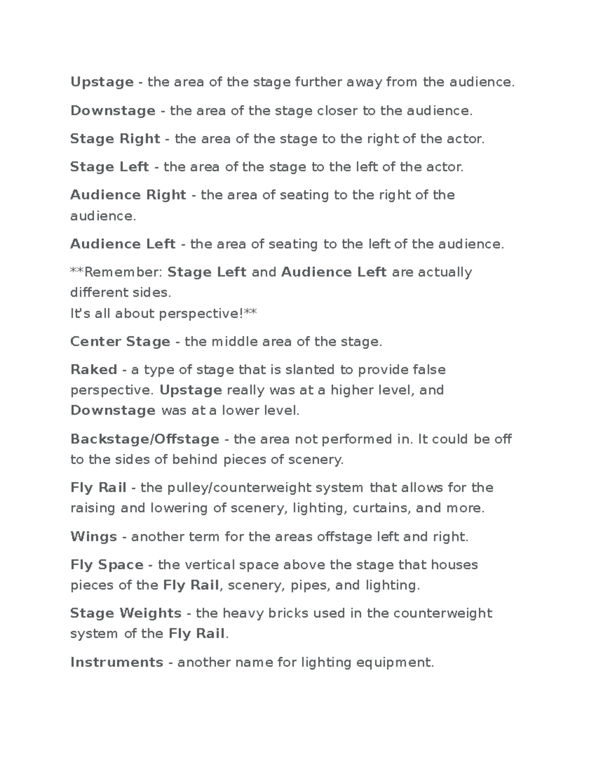Theatre terms - Upstage - the area of the stage further away from the ...