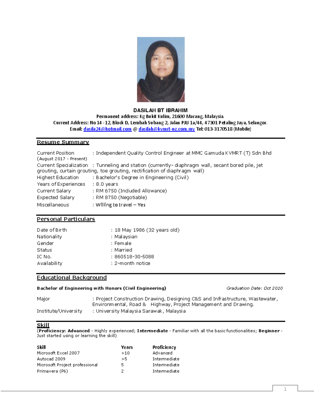 25. Resume Dasilah BT Ibrahim March 2018 - DASILAH BT IBRAHIM Permanent ...