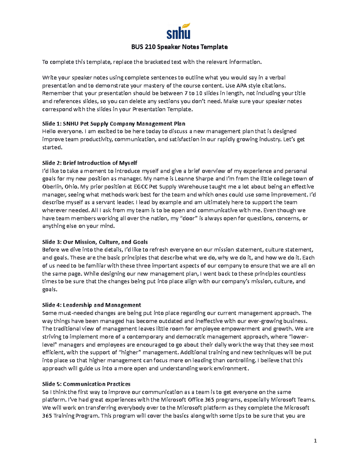 Project One Speaker Notes - BUS 210 Speaker Notes Template To complete ...