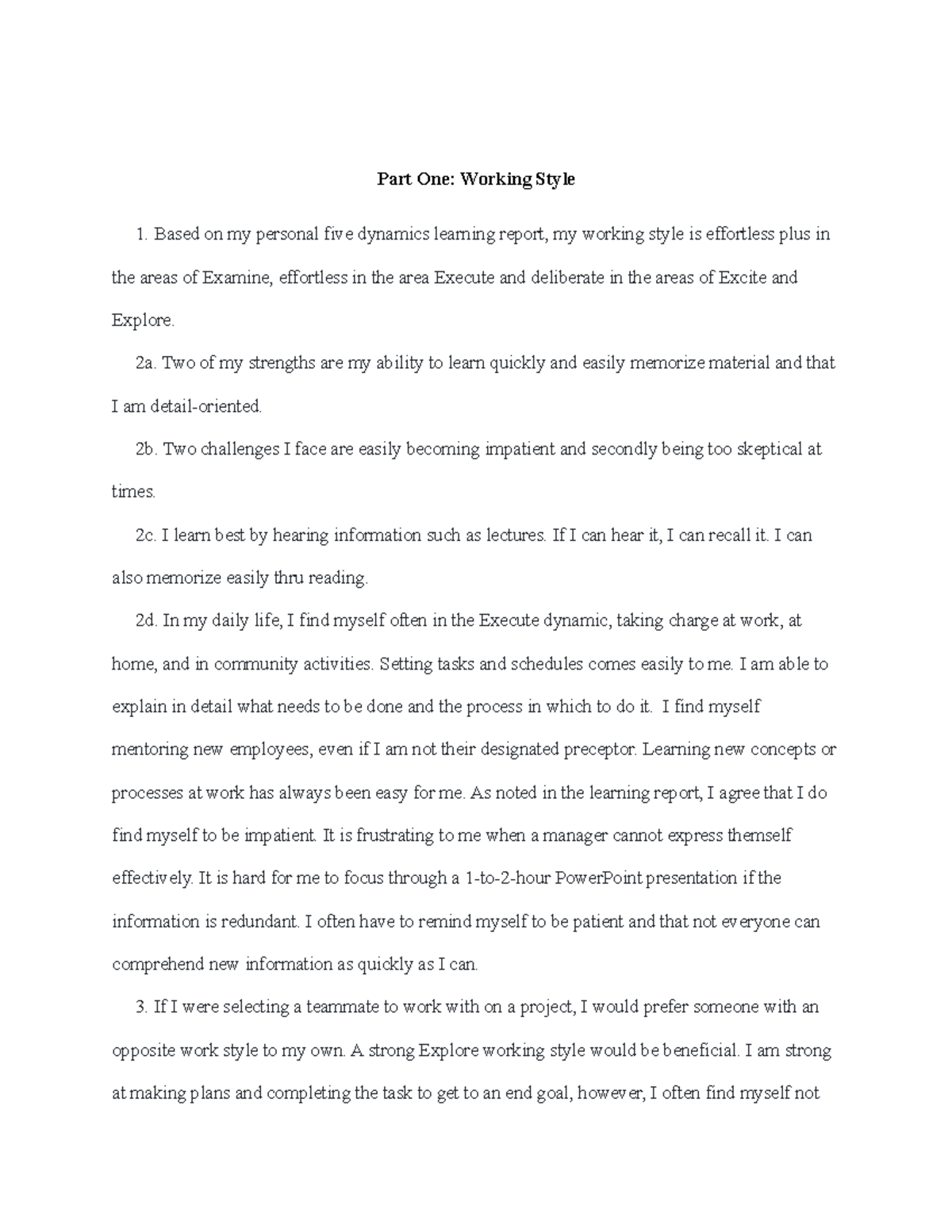 IC&LC Assessment 1 - Part One: Working Style Based on my personal five ...
