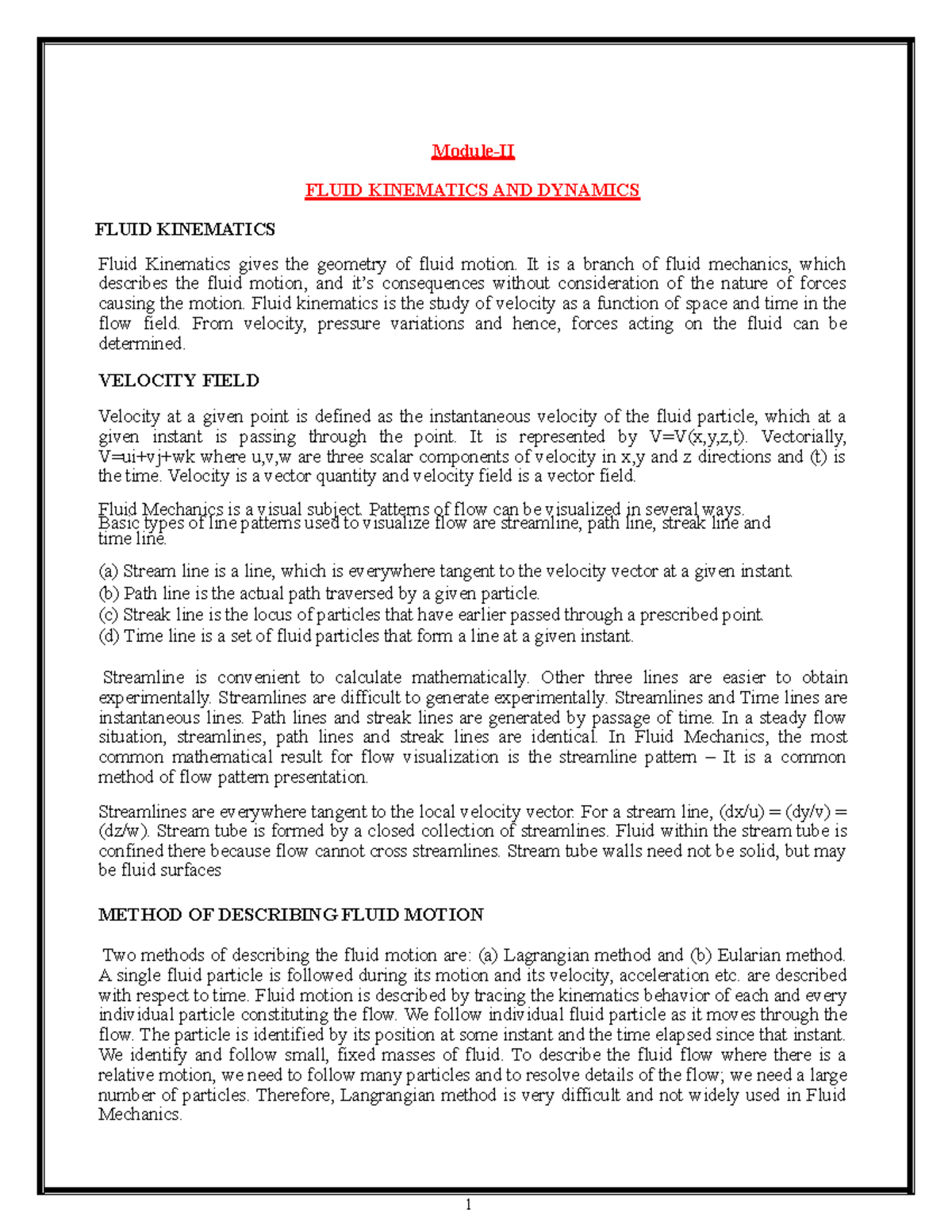 Unit 2 - Fluid Kinematics AND Dynamics - 1 FLUID KINEMATICS Module-II ...
