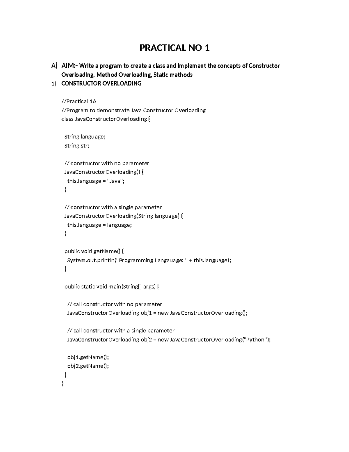 Practical No 1 Practical No 1 A Aim Write A Program To Create A Class And Implement The