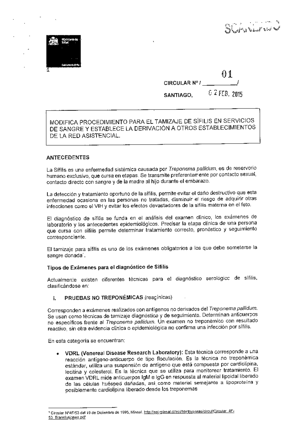 Circular Nº 1 02 02 2015 Tamizaje de Sífilis en Servicios de Sangre - atencion primaria de salud ...