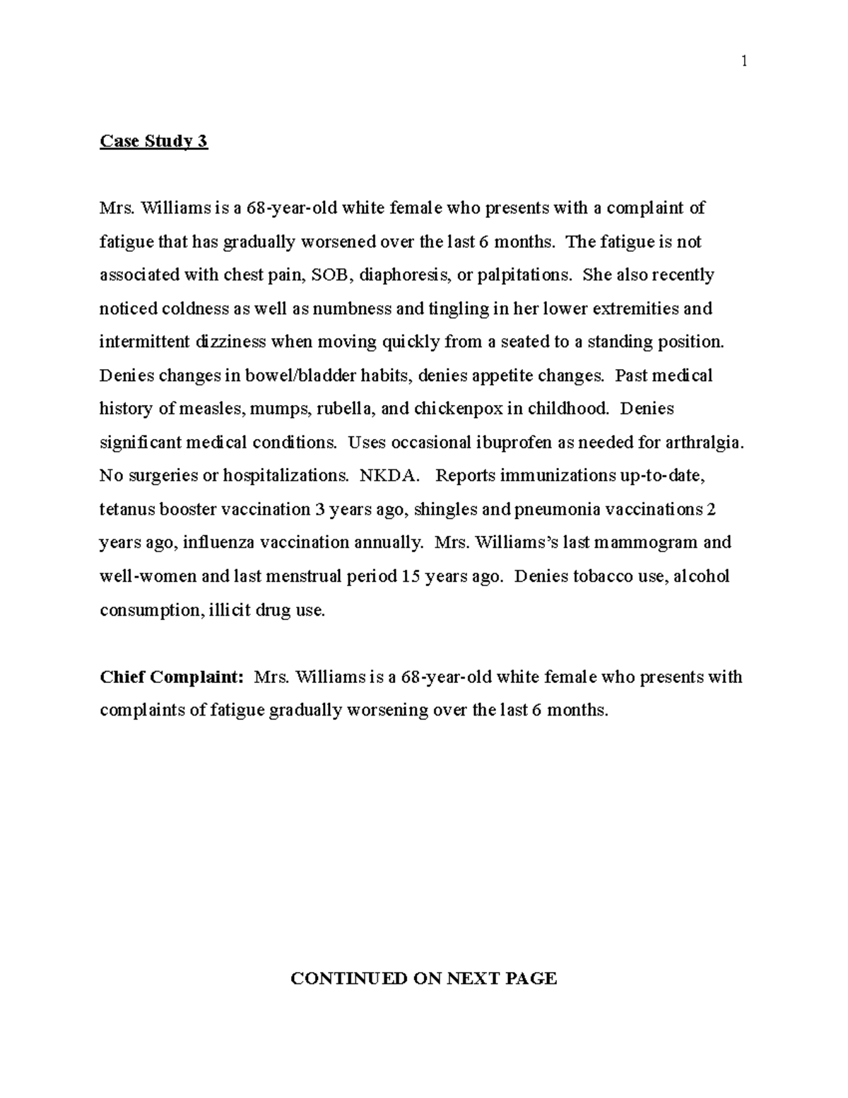 Hematology Case Study 3 - Case Study 3 Mrs. Williams is a 68-year-old ...