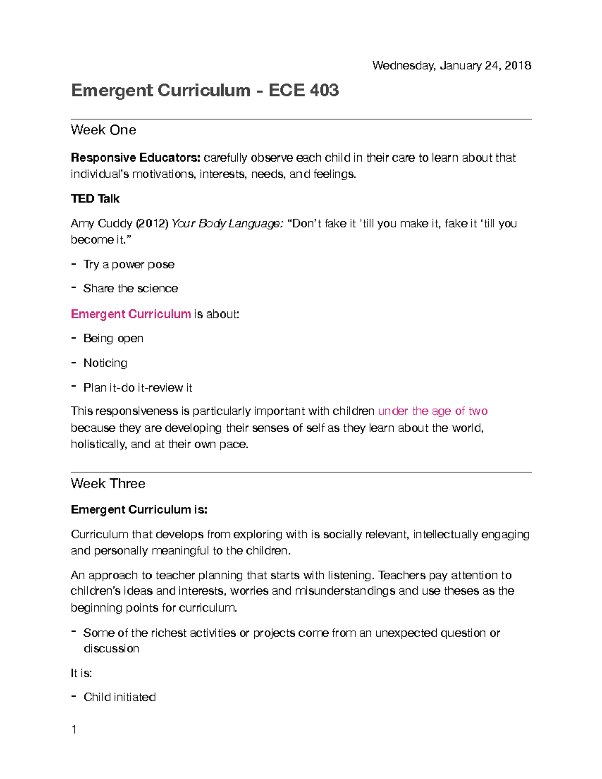 Emergent Curriculum - Lecture notes 1-8 - Emergent Curriculum - ECE 403 ...