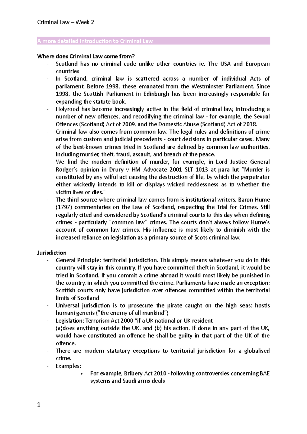 Intro to Criminal Law - Notes from lecture, included cases and examples ...