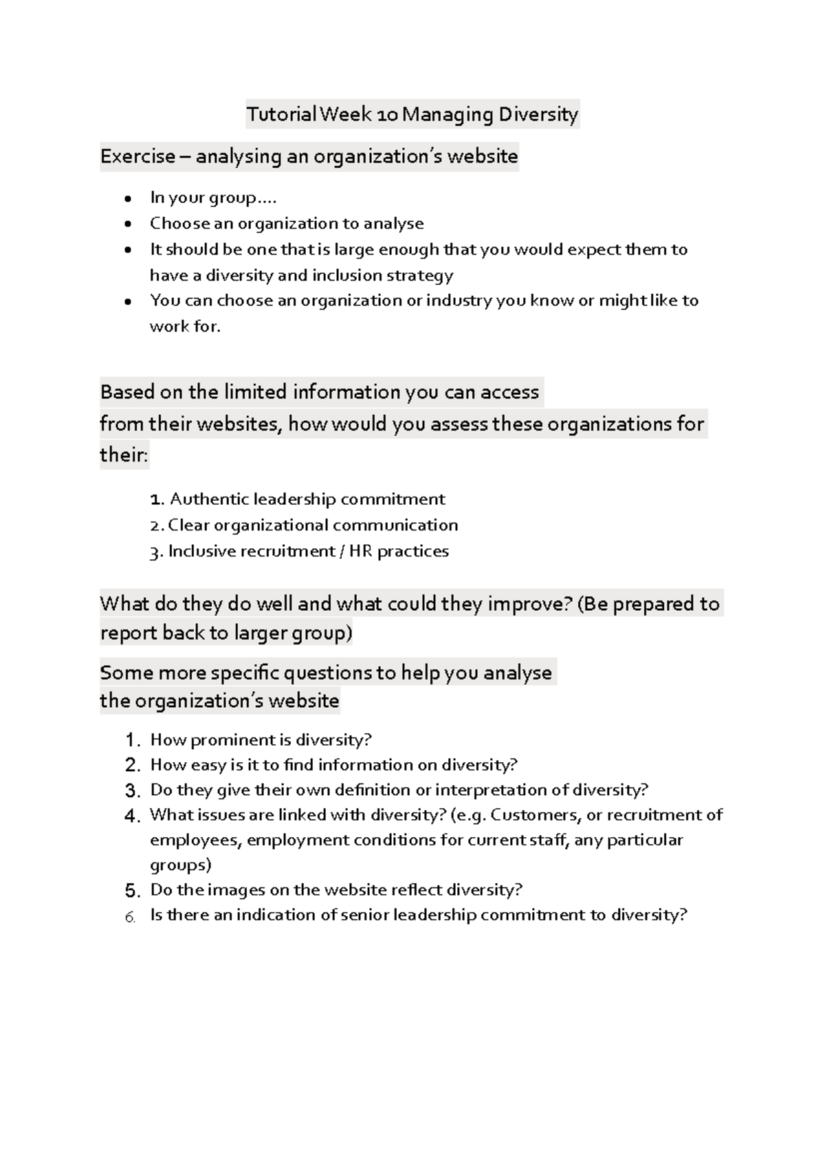 Tutorial Week 10 Managing Diversity Student Handout - Tutorial Week 10 ...