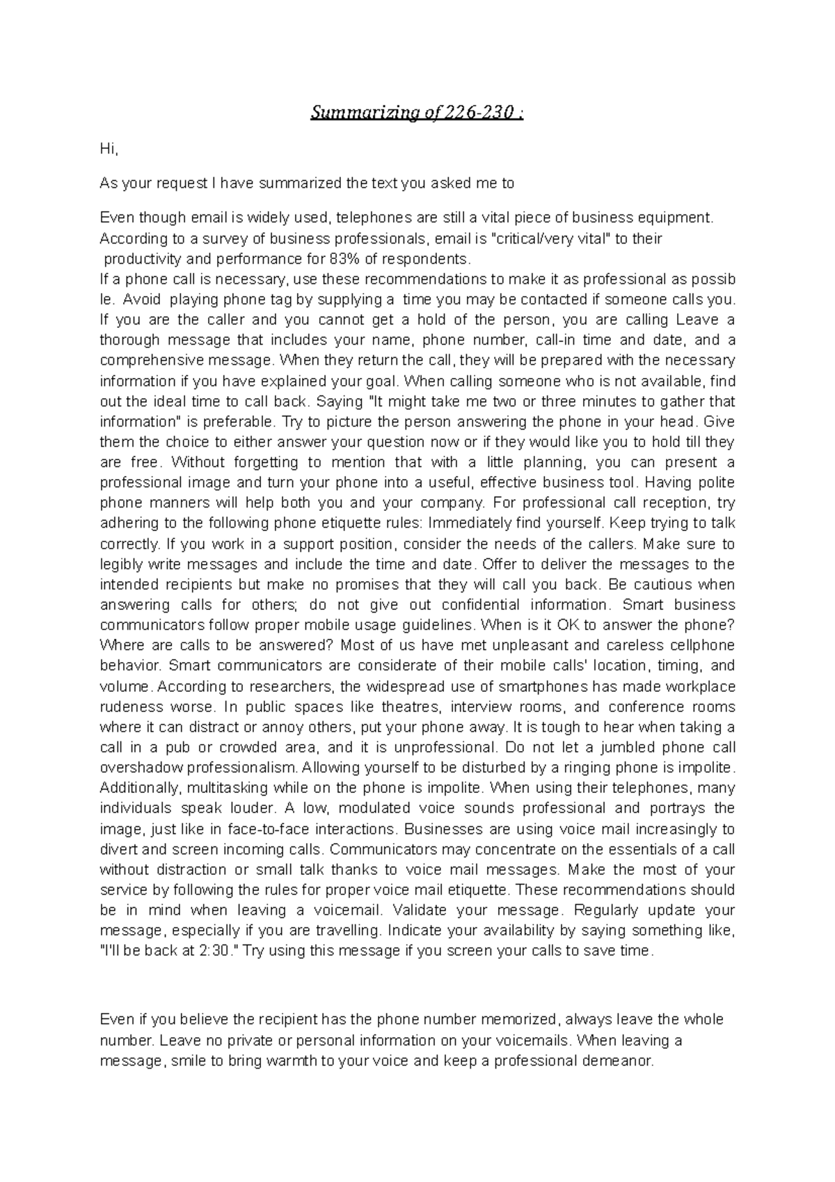 Summarizing of 226 - Writing - Summarizing of 226-230 : Hi, As your ...