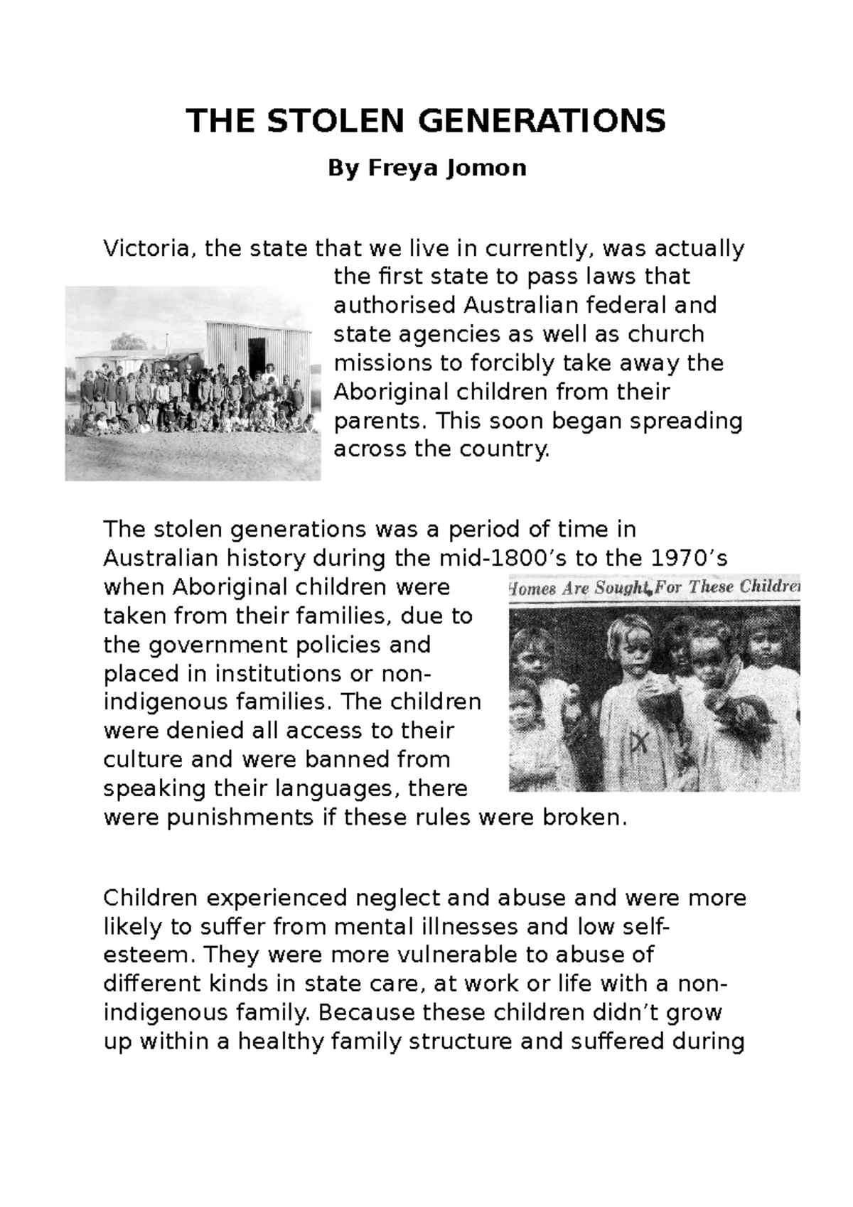 THE Stolen Generations - THE STOLEN GENERATIONS By Freya Jomon Victoria ...