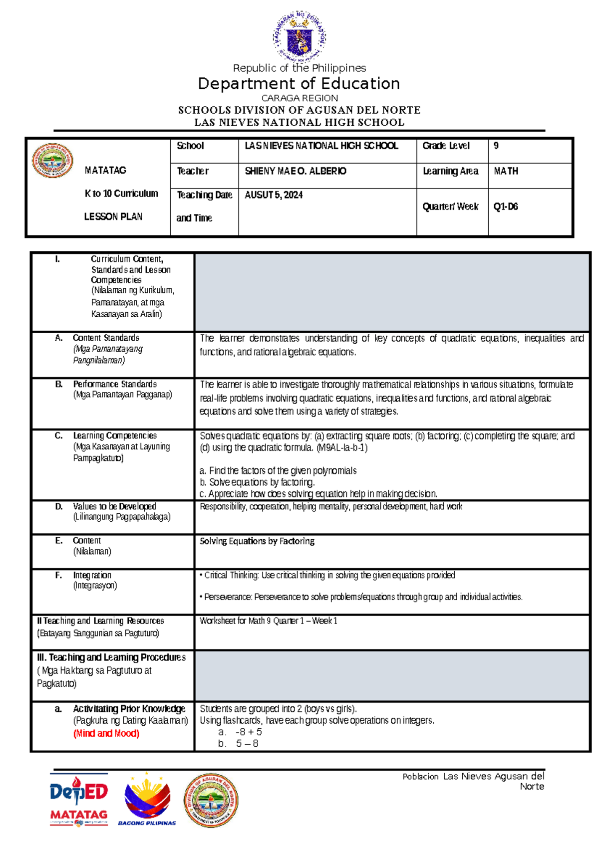 Matatag Lesson-Plan- MATH DAY 6 - Department of Education CARAGA REGION ...