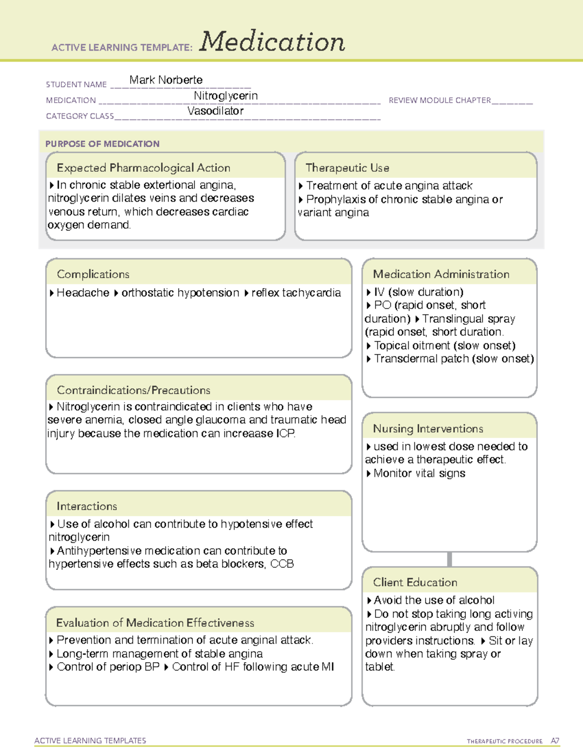 Nitroglycerin - pharmacology templates - ACTIVE LEARNING TEMPLATES ...