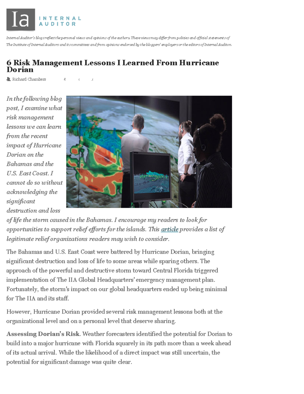 6 Risk Management Lessons I Learned From Hurricane Dorian - Chambers ...