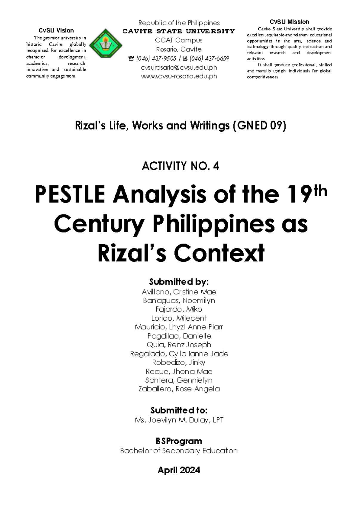 Pestle - CvSU Vision The premier university in historic Cavite globally ...
