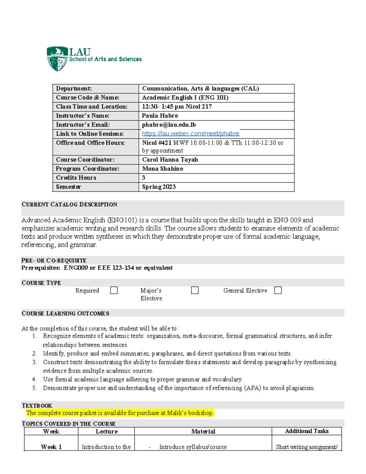 ENG 101 Syllabus Spring 2023 - Department: Communication, Arts ...