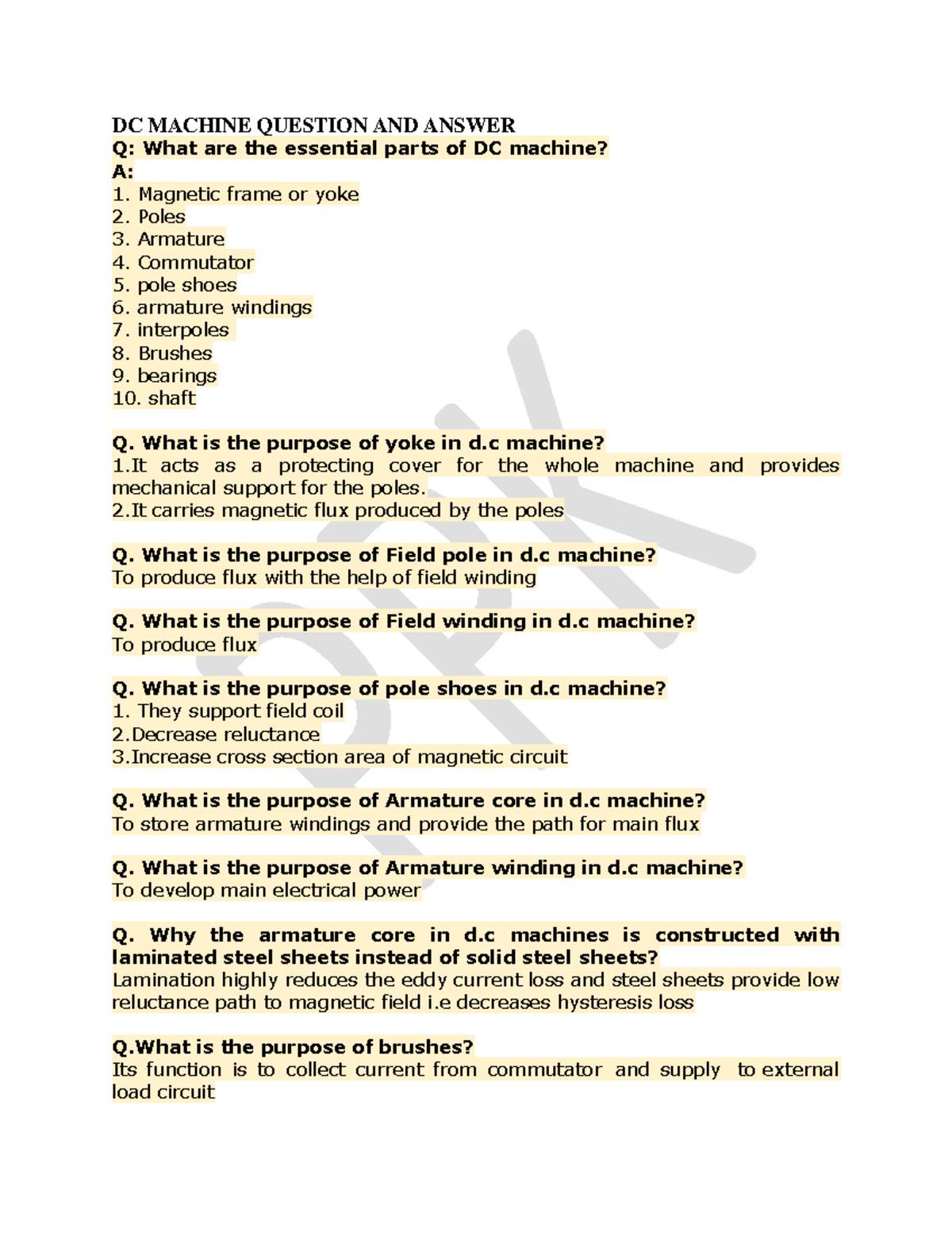 Dc machine question and answer - DC MACHINE QUESTION AND ANSWER Q: What are the essential parts ...