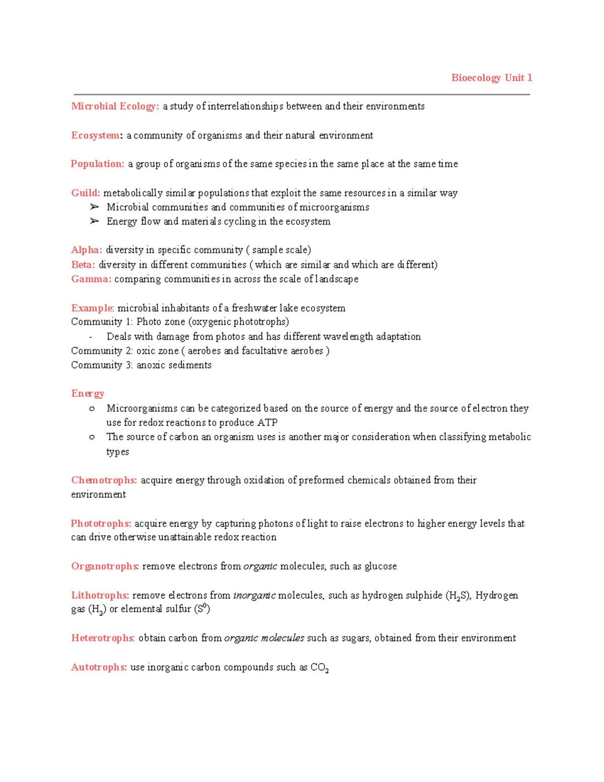 Microbiology Unit 1 - ecology - Bioecology Unit 1 Microbial Ecology: a ...
