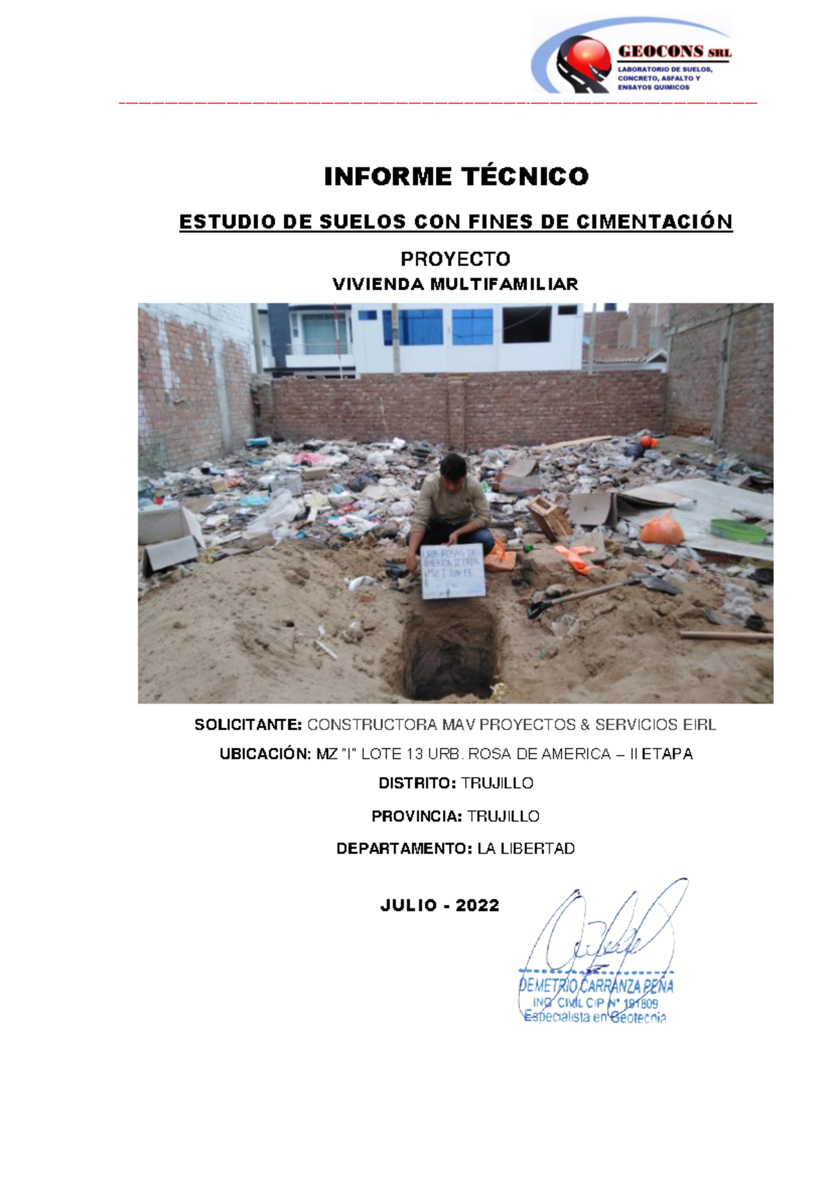 Estudio DE Suelos -ROSA DE America - INFORME TÉCNICO ESTUDIO DE SUELOS CON FINES DE CIMENTACIÓN ...