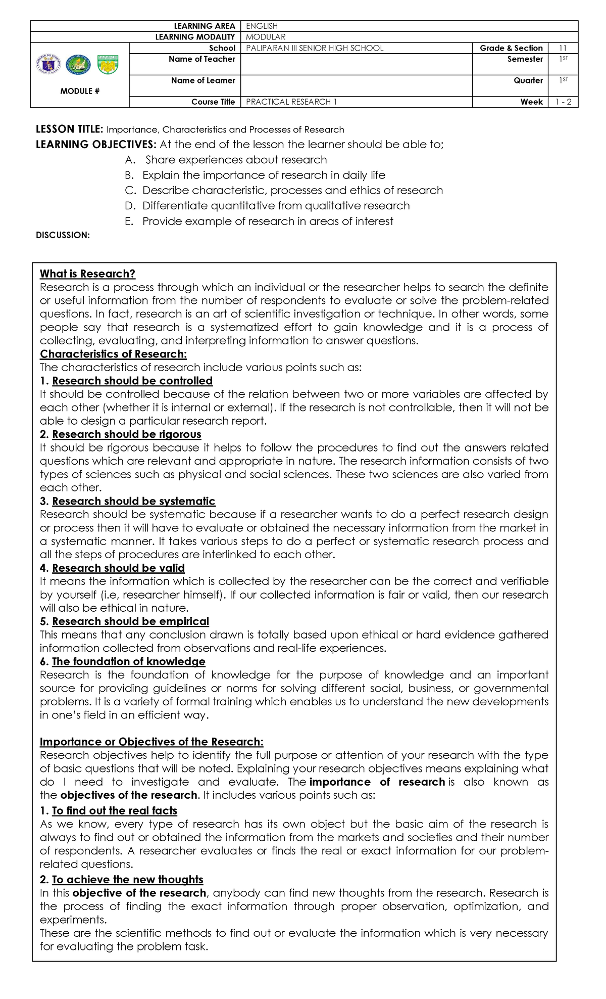 PR1 WEEK 1 and 2 Module - LESSON TITLE: Importance, Characteristics and ...