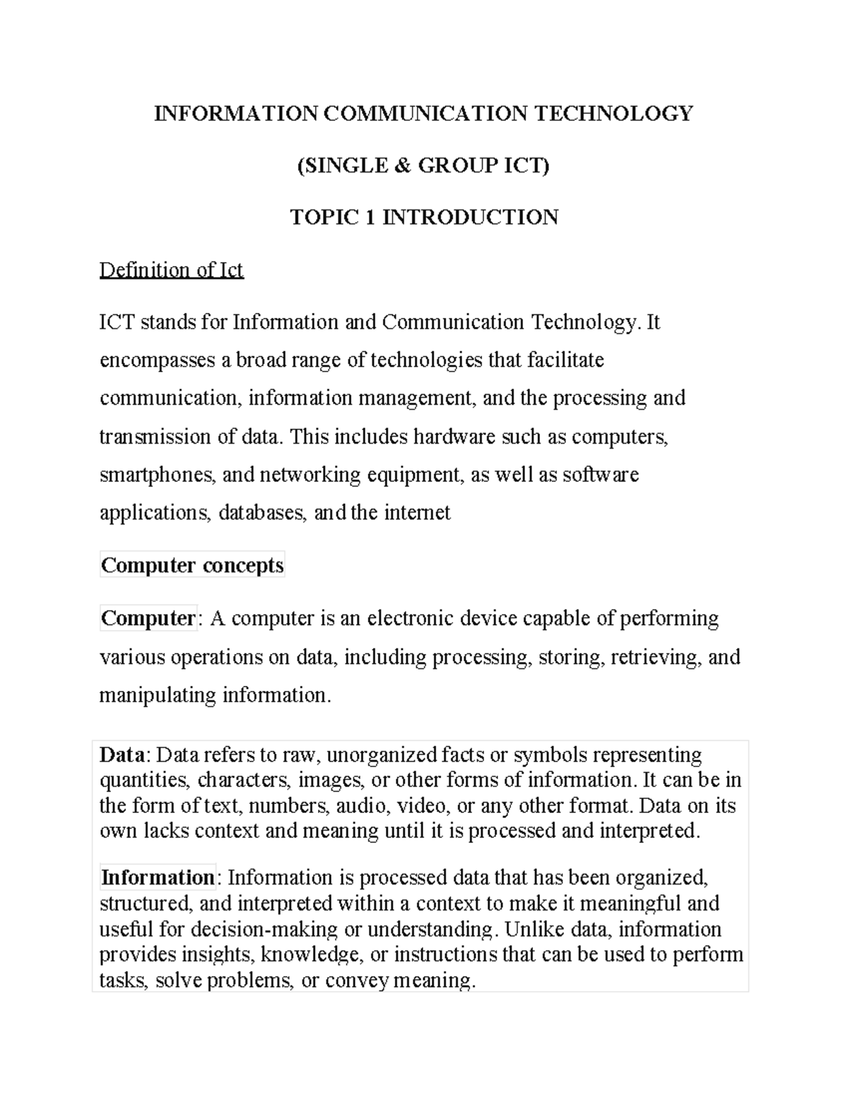 Information Communication Technology Stage 1 Theory - INFORMATION ...