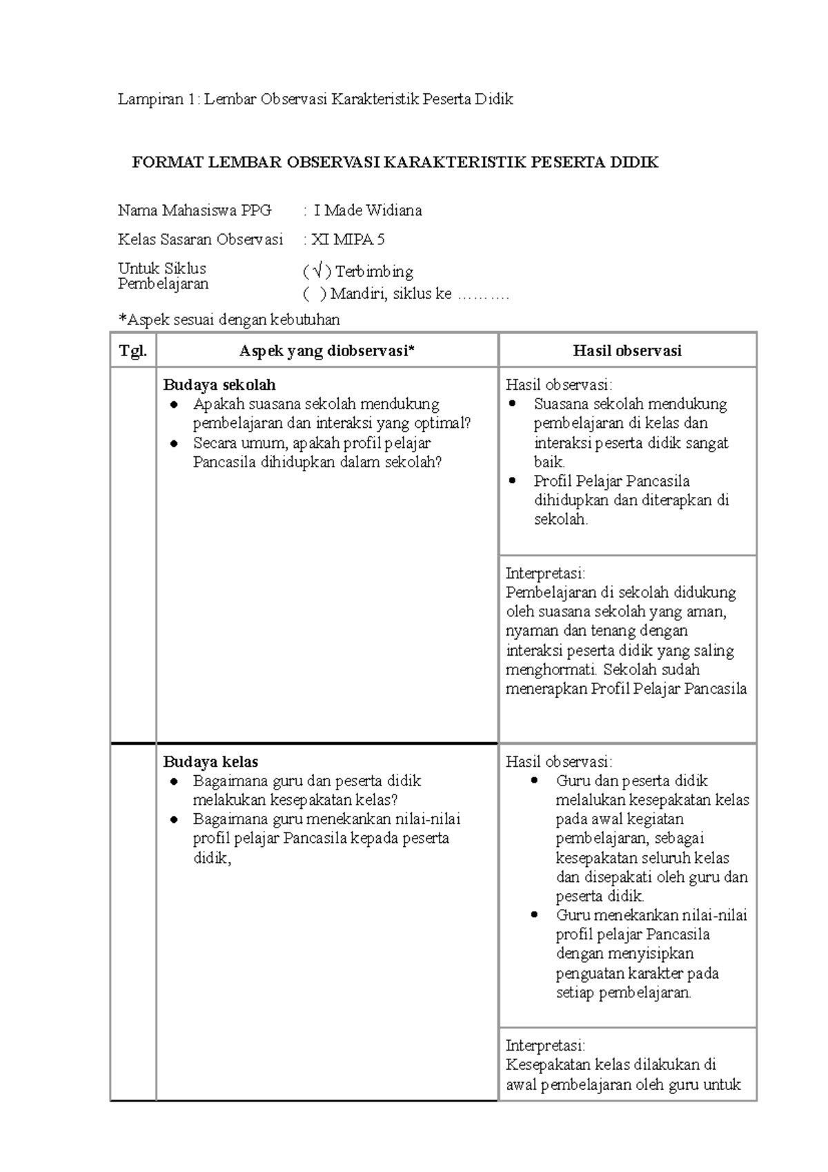 Lampiran 1 Lembar Observasi Karakteristik Peserta Didik ...
