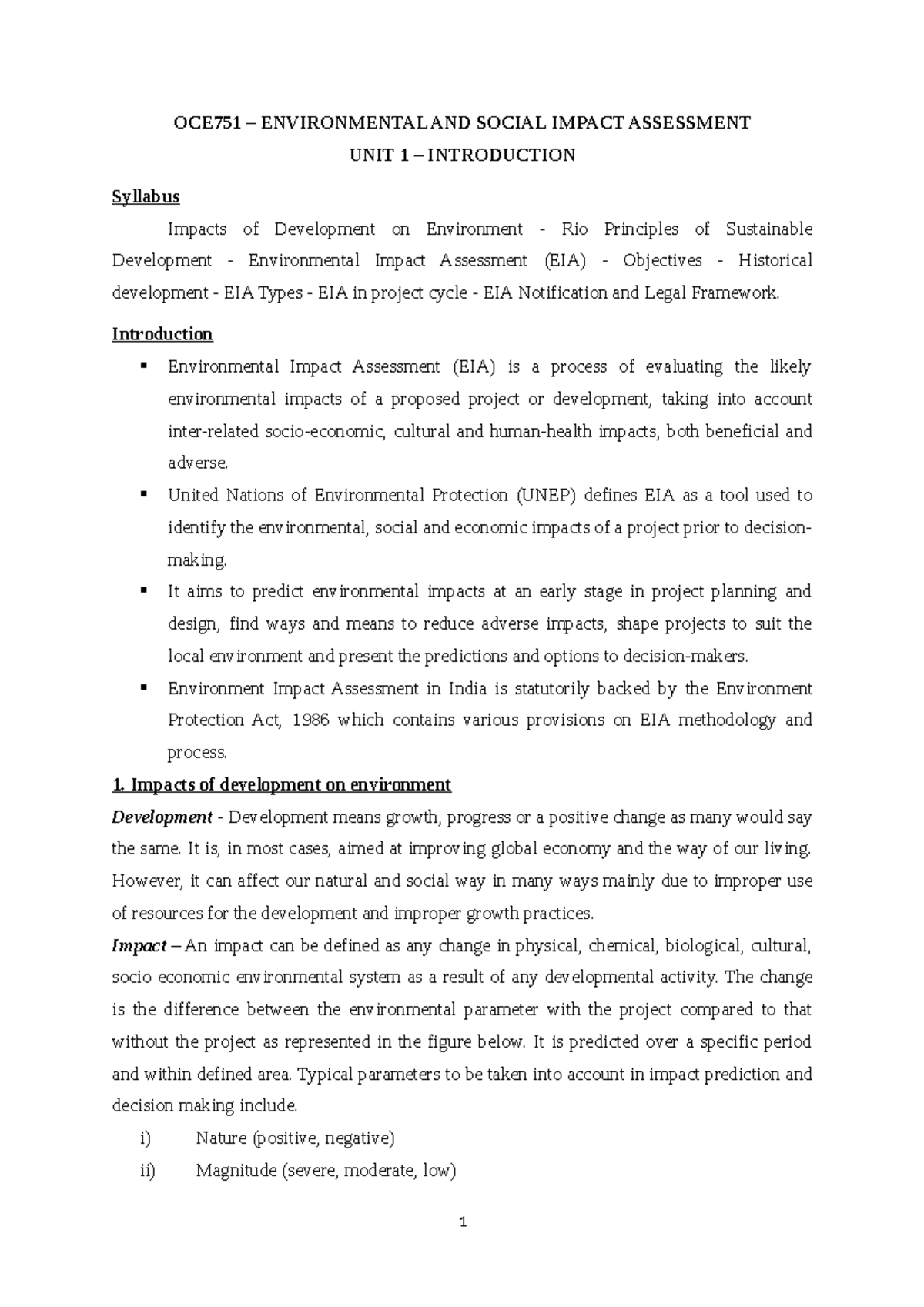 ESIA UNIT 1 Introduction Notes - OCE751 – ENVIRONMENTAL AND SOCIAL ...