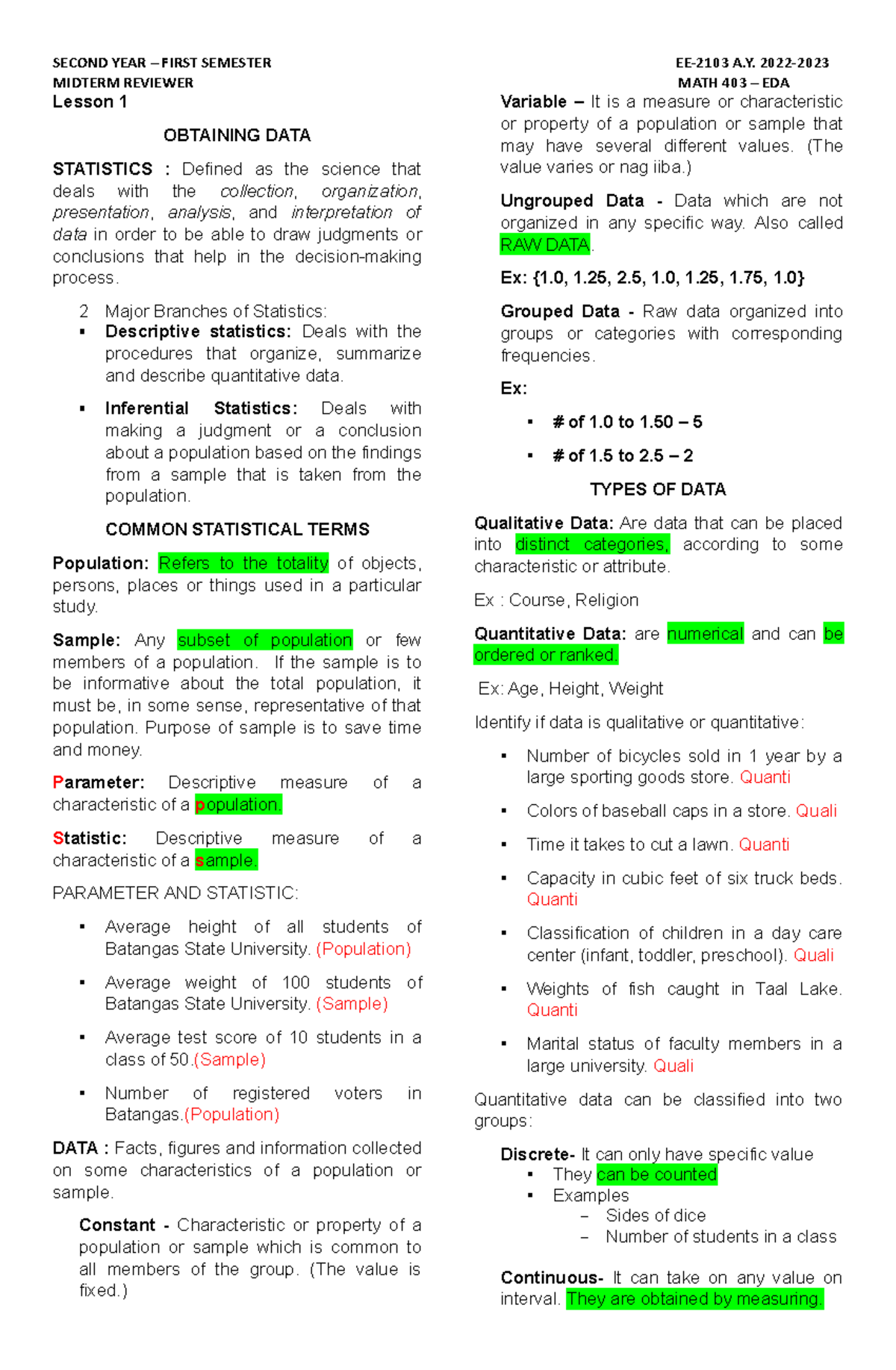 Reviewer IN EDA - MIDTERM REVIEWER MATH 403 – EDA Lesson 1 OBTAINING ...