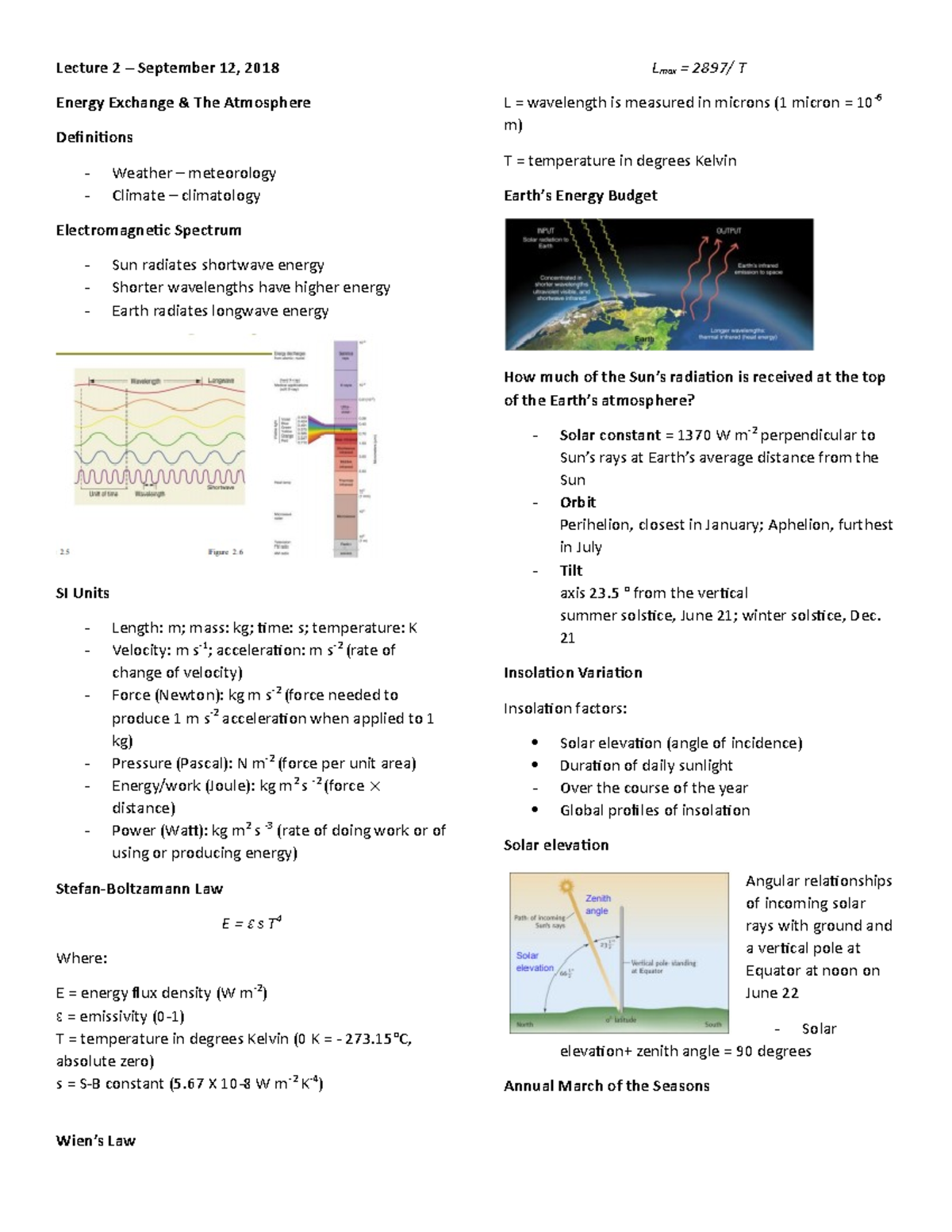 Lecture 2 - Energy Exchange & The Atmosphere - Lecture 2 – September 12 ...