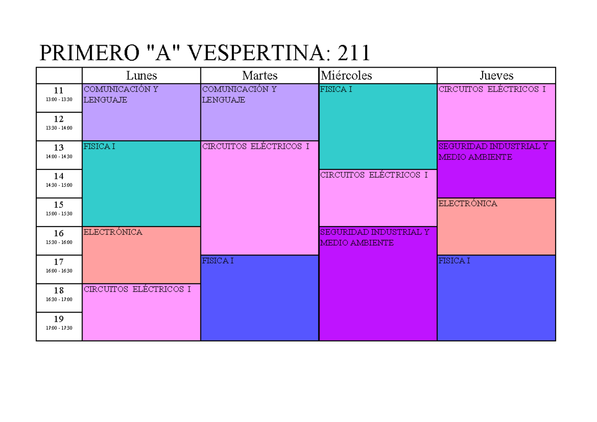 Asignación Aulas Vespertina - PRIMERO "A" VESPERTINA: 211 11 13:00 - 13 ...