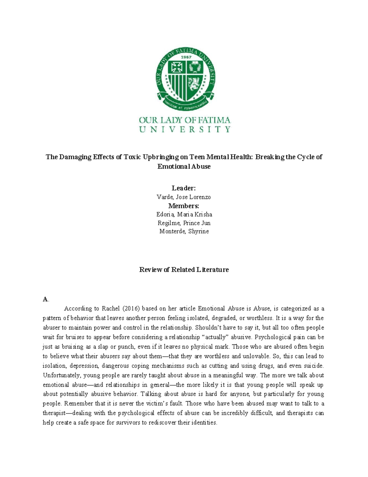 RES-PROJ Group 9 Chapter 2 - The Damaging Effects of Toxic Upbringing ...
