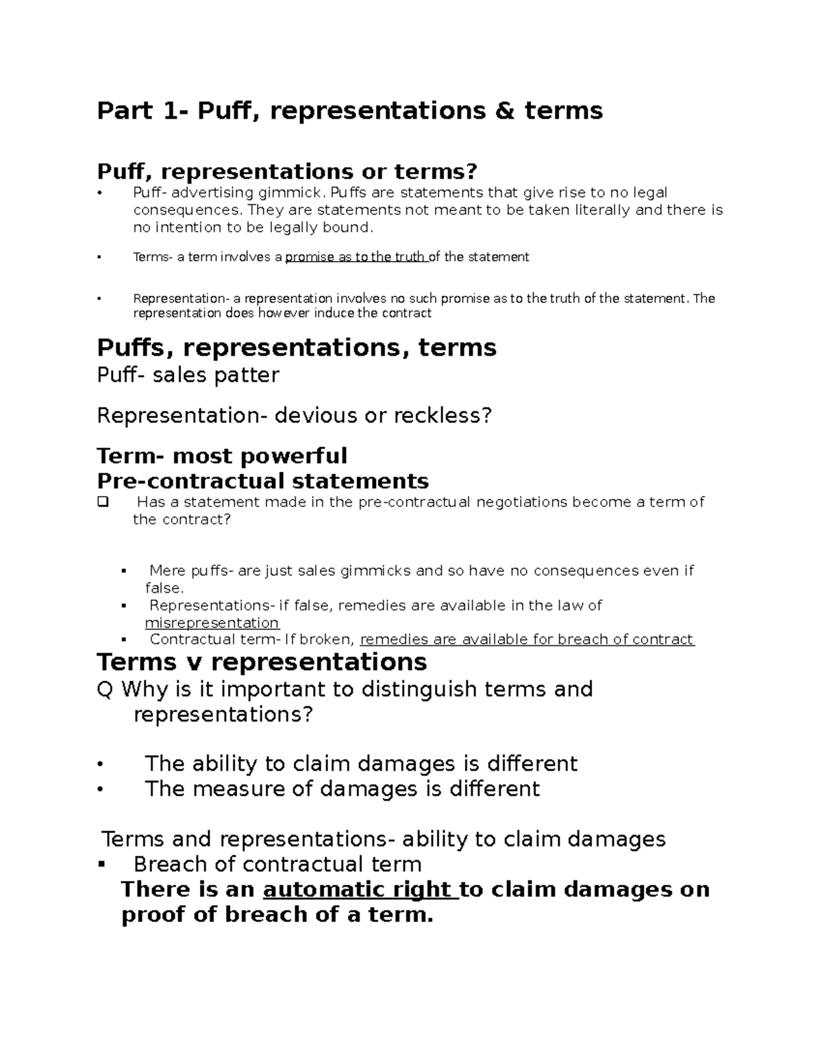 Part 1 lecture notes - Part 1- Puff, representations & terms Puff ...