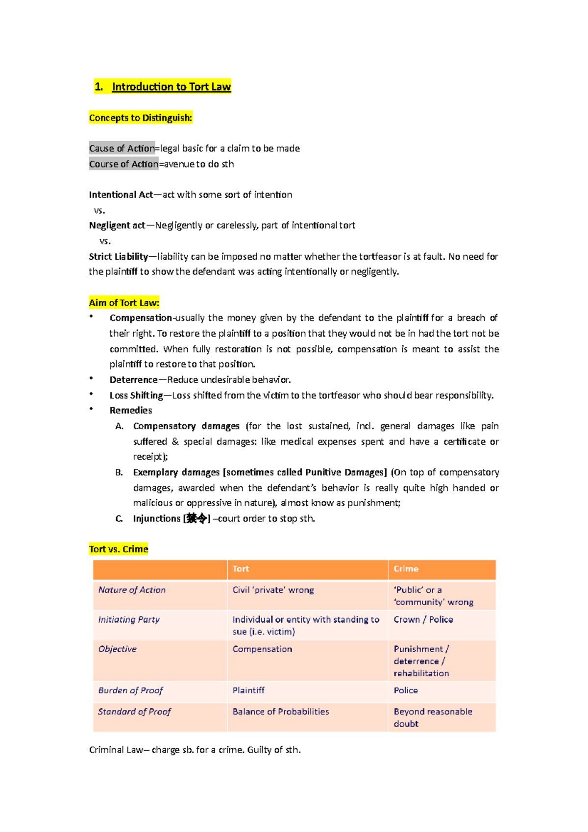 1. Intro+Battery - INTRO+ BATTERY - 1. Introduction to Tort Law ...