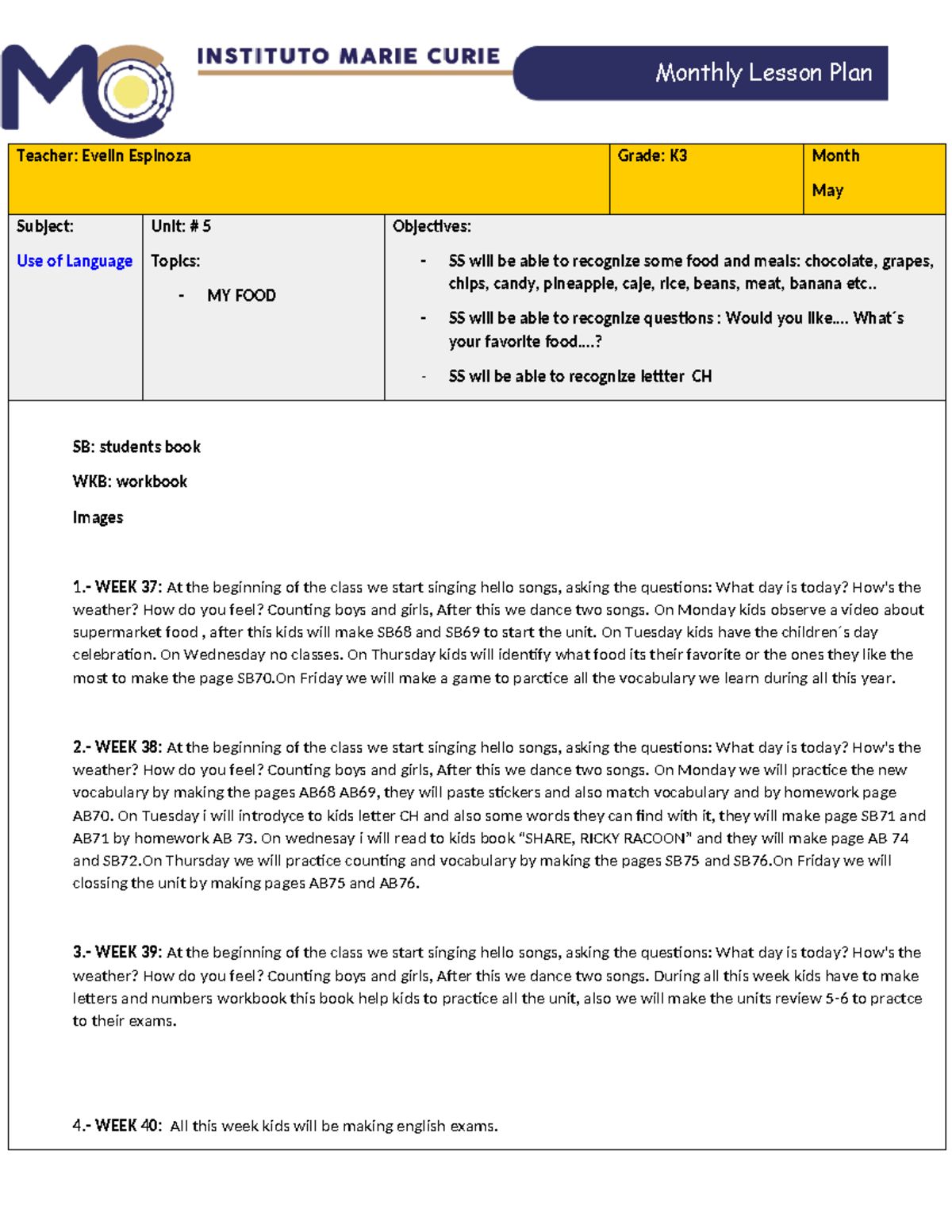MAY K3 - Planeacion escolar kinder 1 a nivel ingles - Monthly Lesson ...