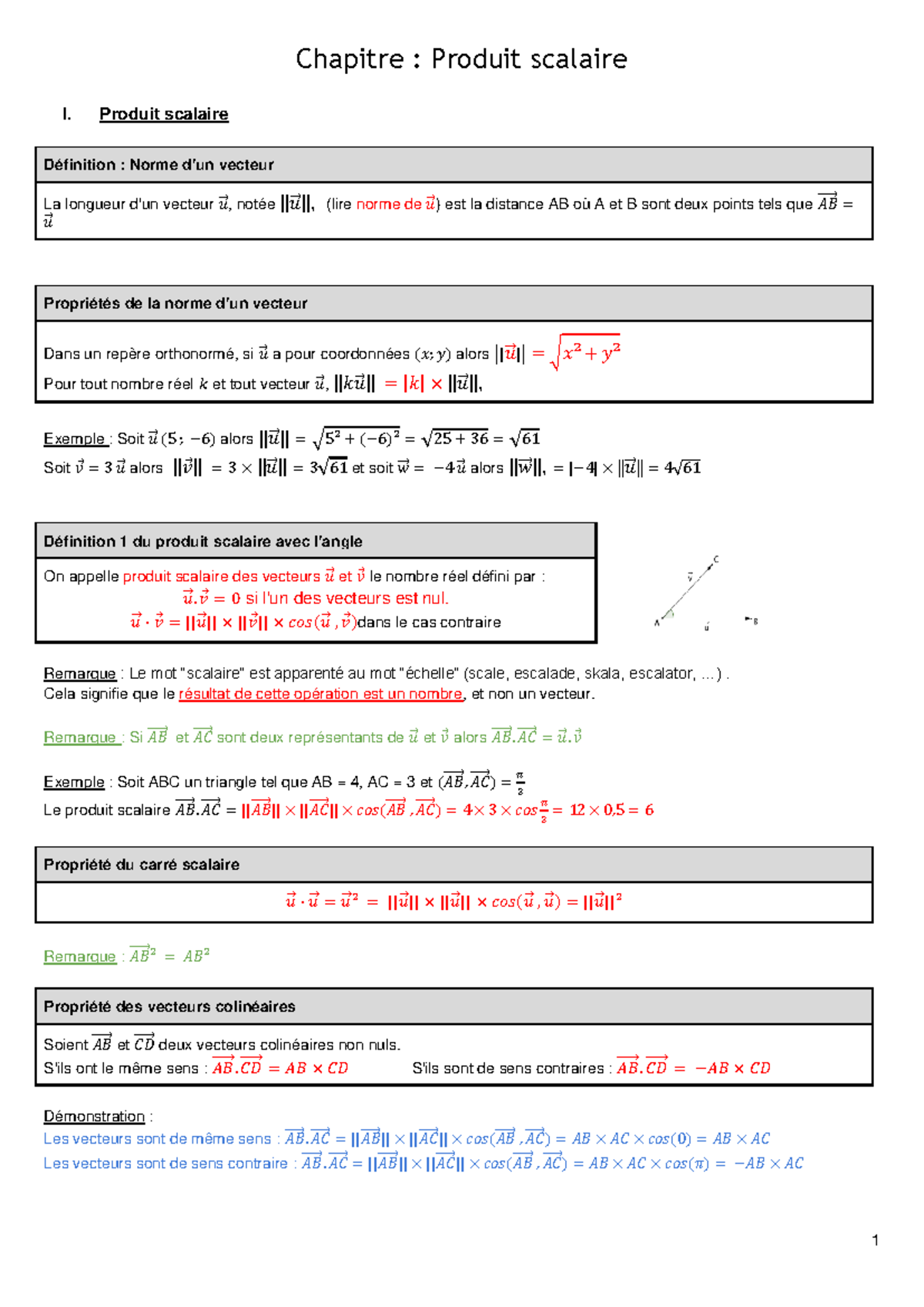 Cours partie 1 scalaire - 1 Chapitre : Produit scalaire I. Produit ...