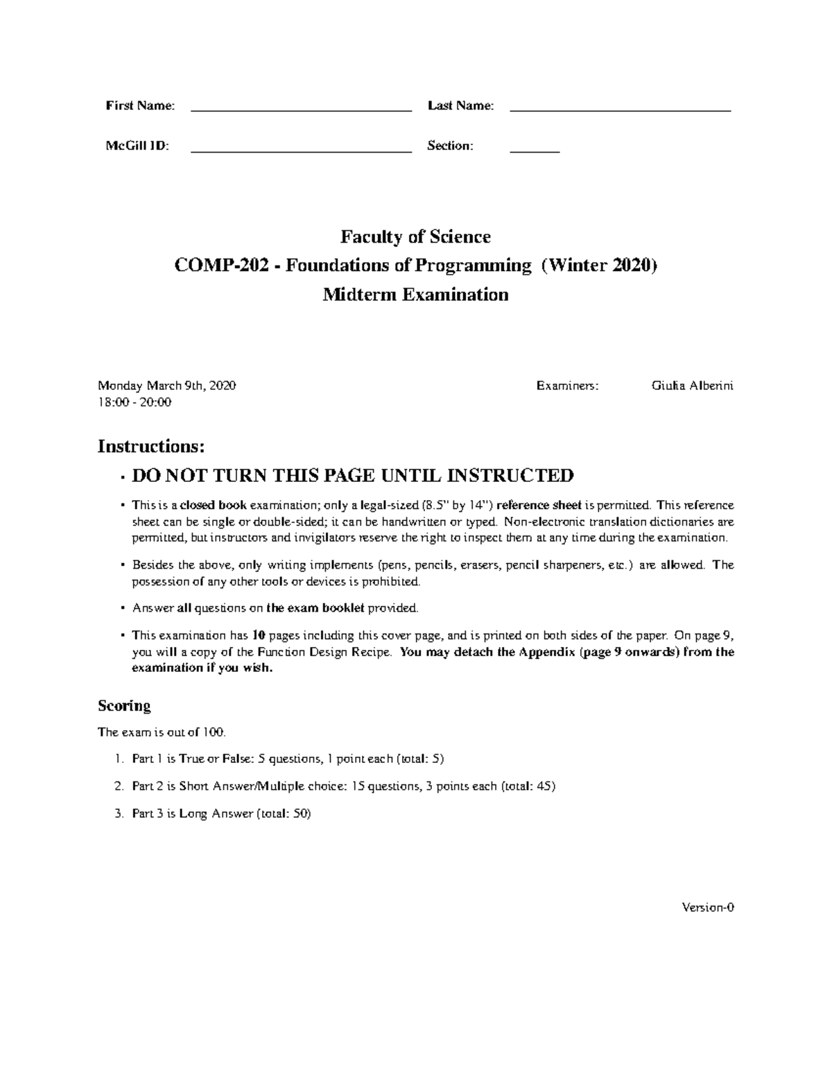 Midterm COMP202 W2020 - First Name: Last Name: McGill ID: Section ...