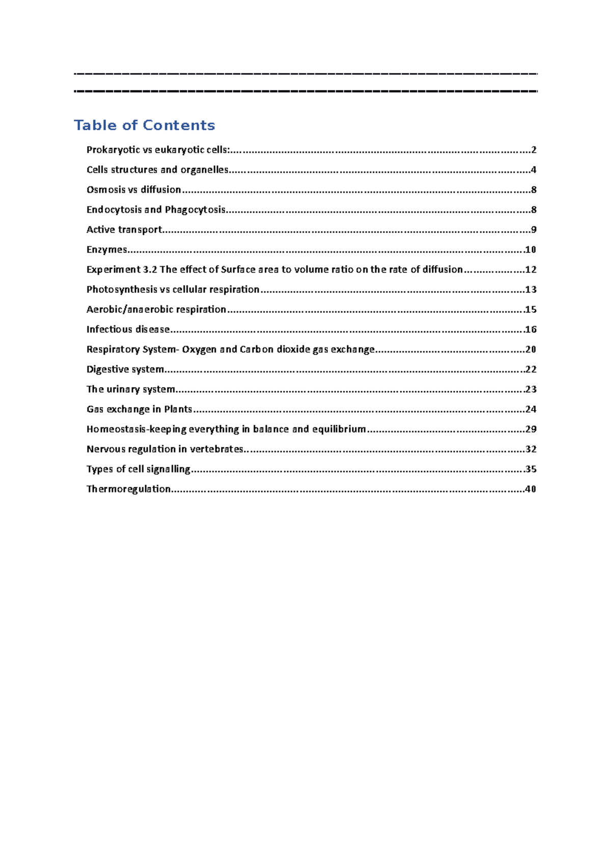 Biology study Notes - Table of Contents Prokaryotic vs eukaryotic - Studocu