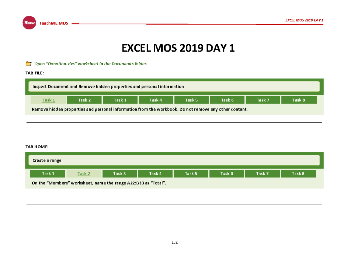 DAY 1 - excel - 1. teachME MOS EXCEL MOS 2019 DAY 1 EXCEL MOS 2019 DAY ...
