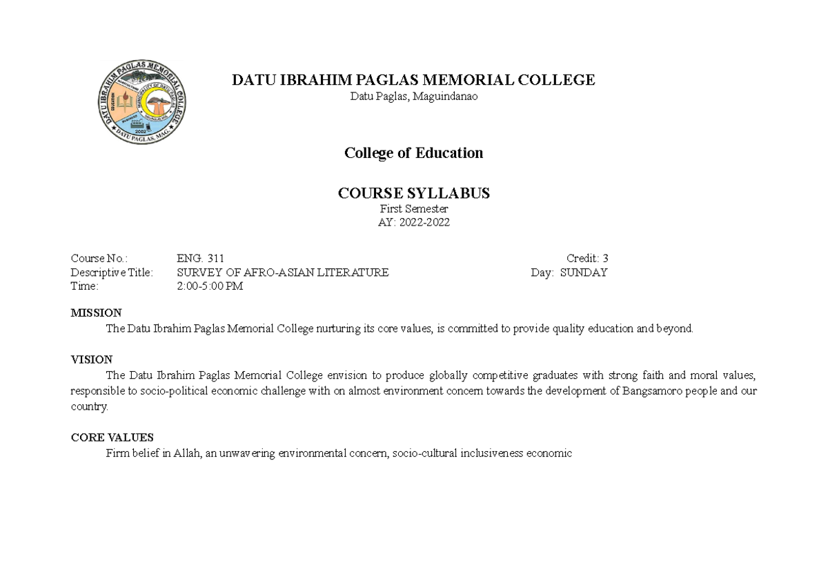 Course Syllabus - DATU IBRAHIM PAGLAS MEMORIAL COLLEGE Datu Paglas ...