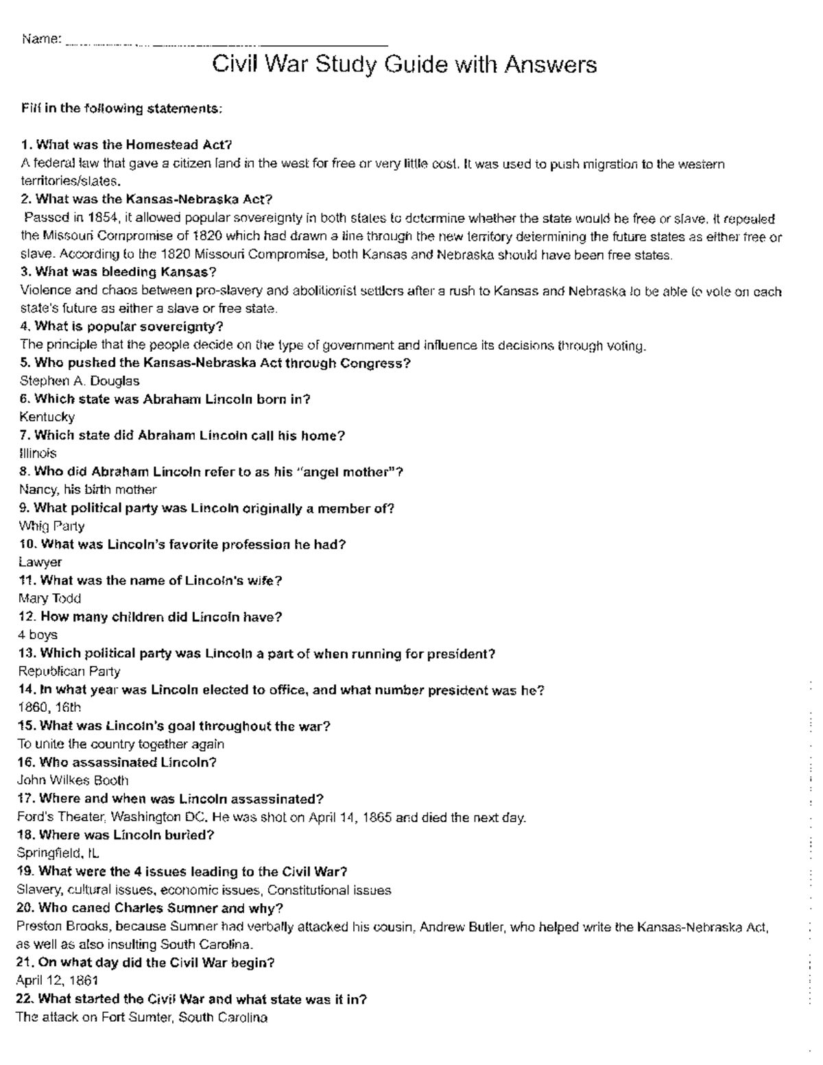 Civil War Study Guide with answers - Name: Civil War Study Guide with ...