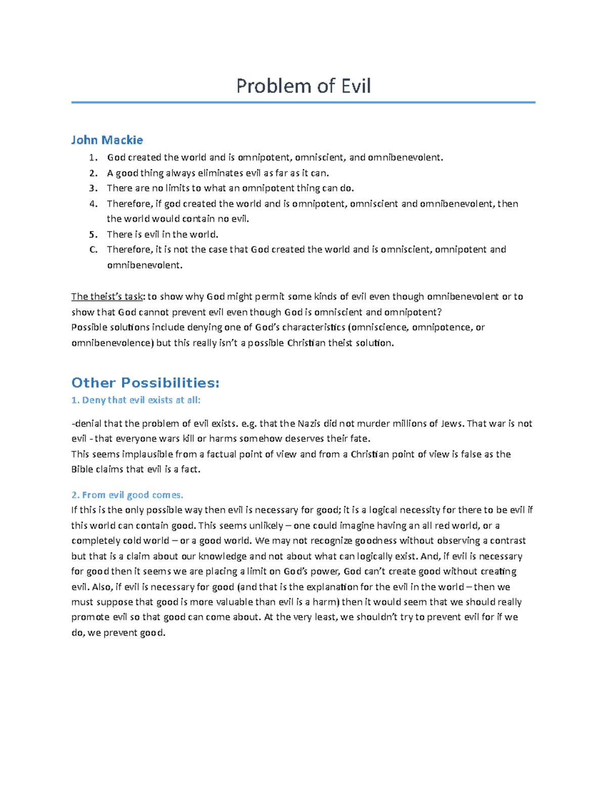 Problem of Evil - notes - Problem of Evil John Mackie God created the ...