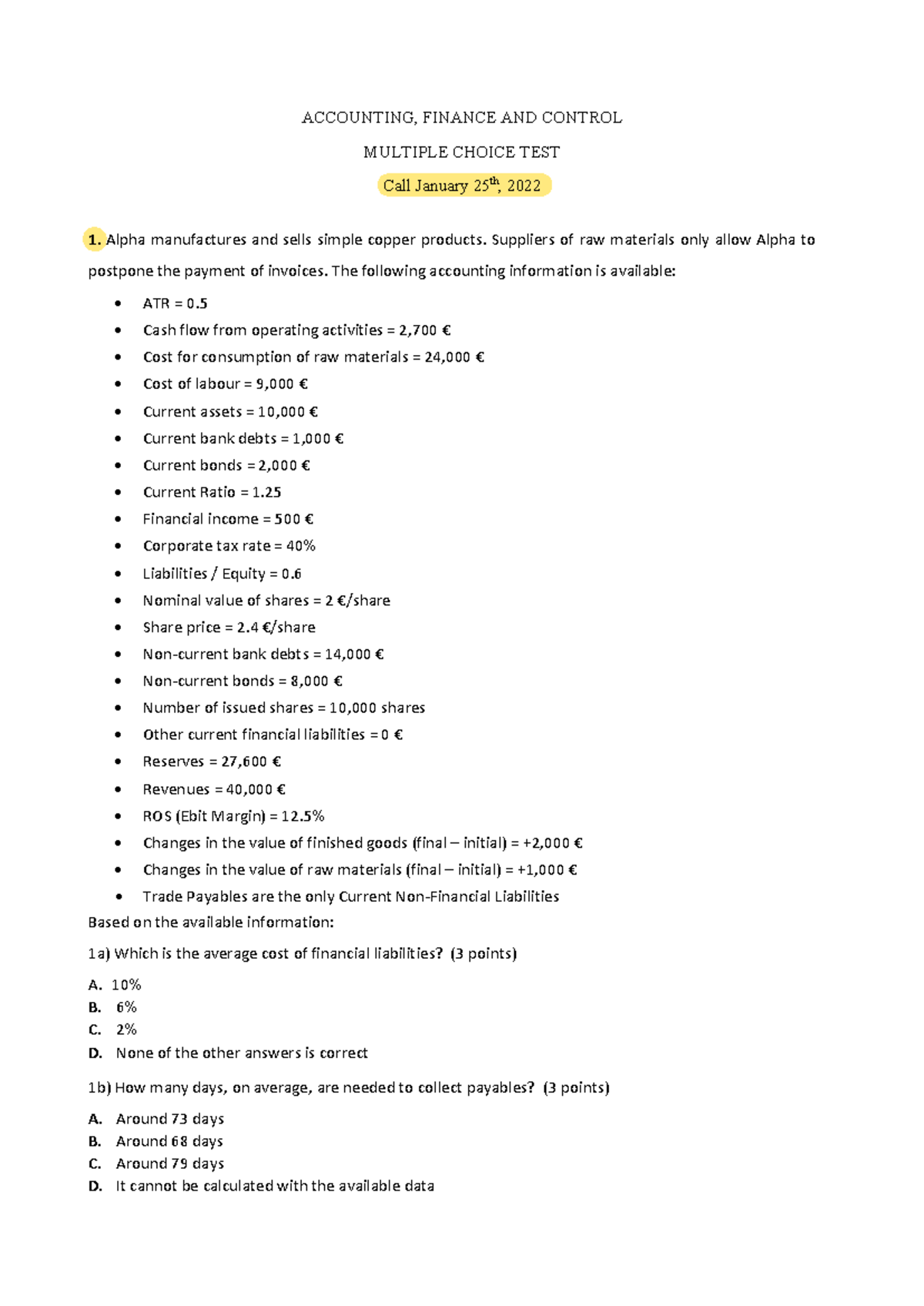 AFC Exams 2022-2023 (arnaboldi) - ACCOUNTING, FINANCE AND CONTROL ...