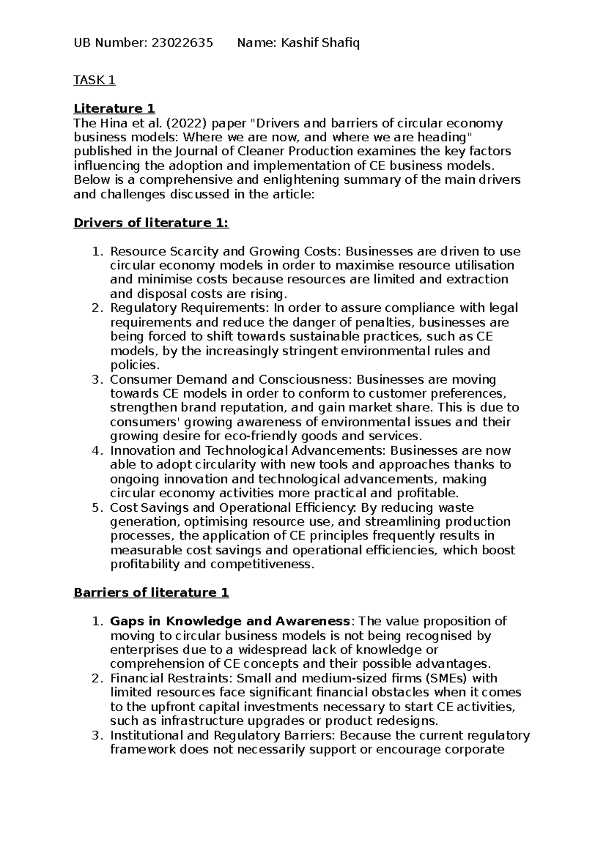 UB No. 23022635 - TASK 1 Literature 1 The Hina et al. (2022) paper ...