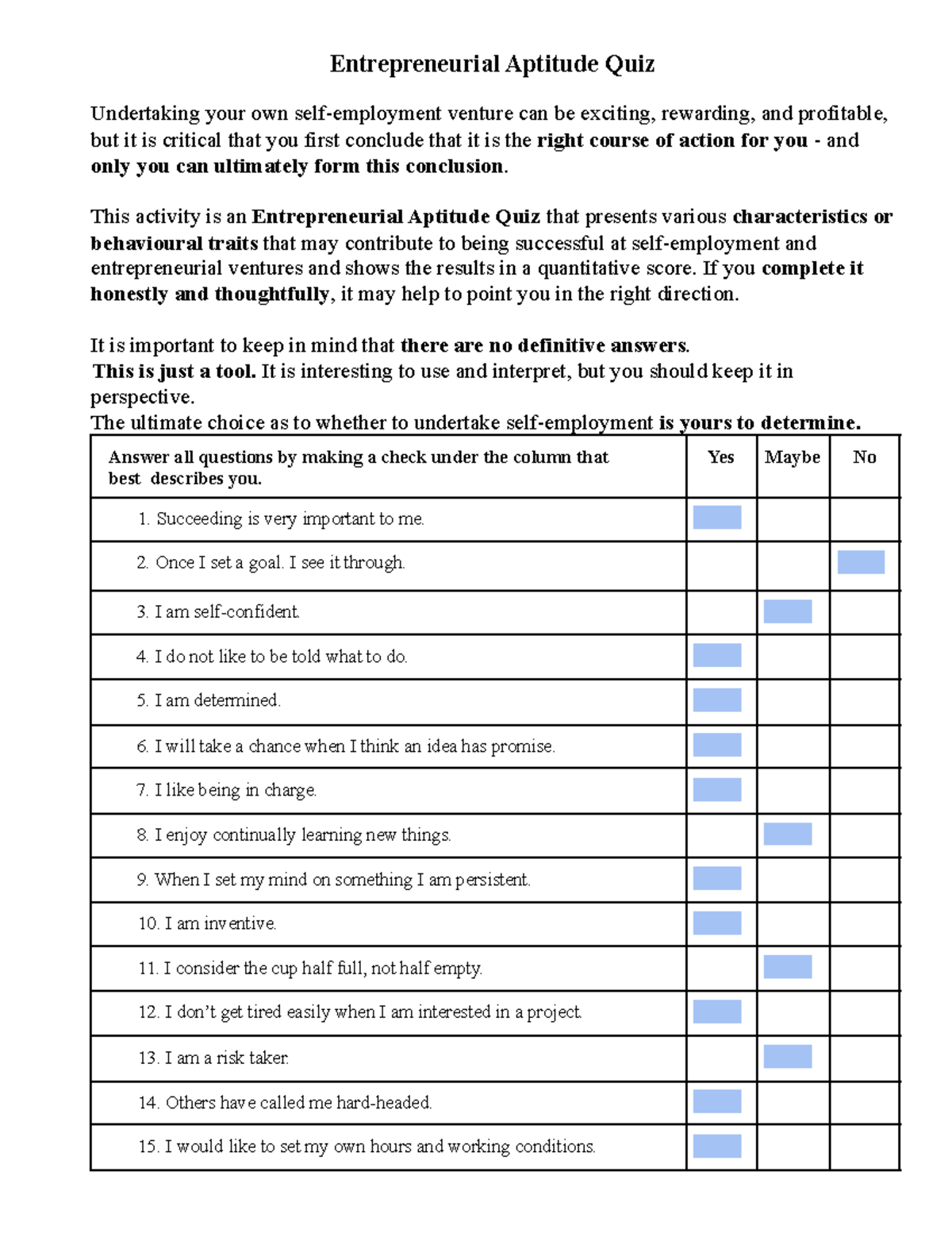 Entrepreneur Aptitude Quiz - Entrepreneurial Aptitude Quiz Undertaking ...