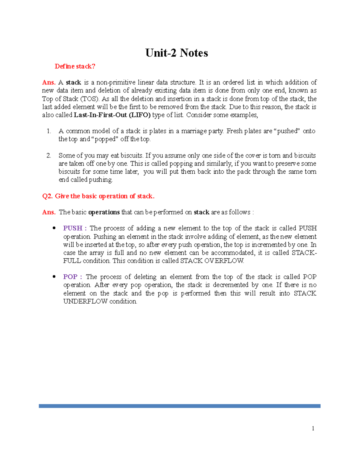 DS-unit-2 - 1 Unit-2 Notes Define stack? Ans. A stack is a non ...