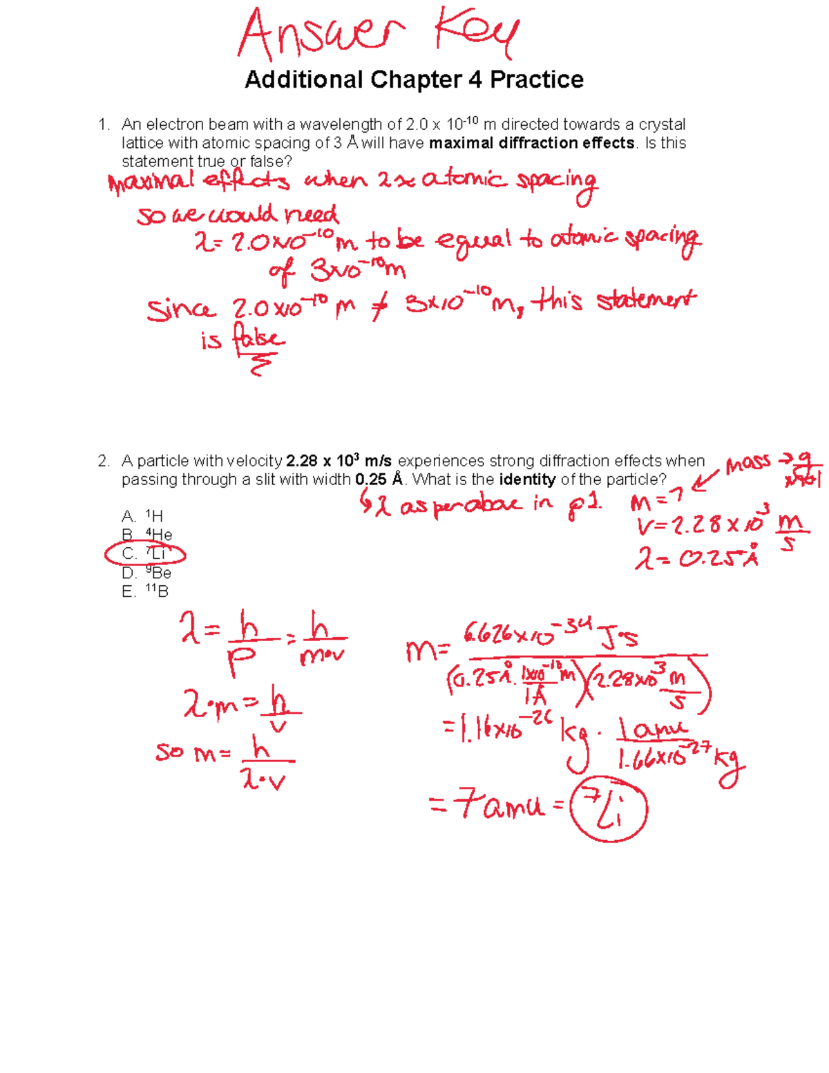 Additional Ch 4 practice answer key - Additional Chapter 4 Practice 1. An electron beam with a ...