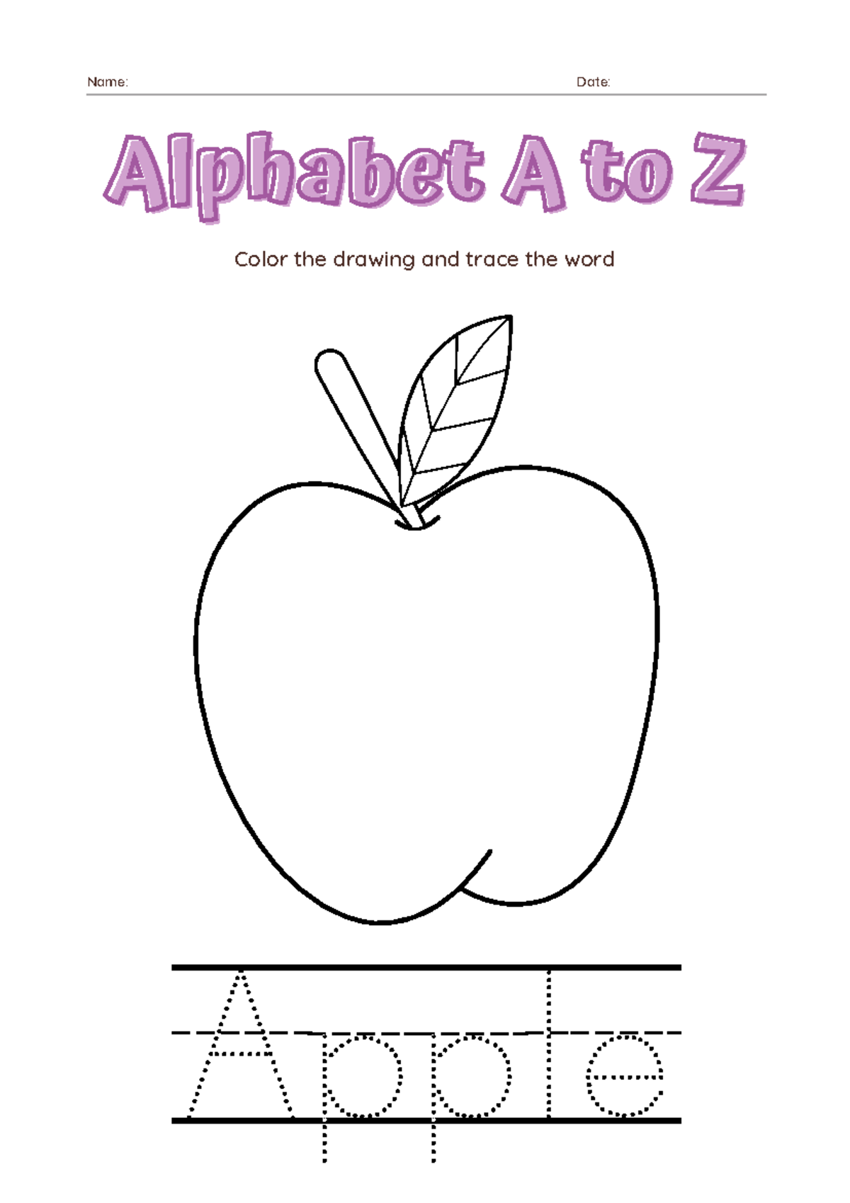 Alphabet A to Z Coloring Worksheet Set - Apple Color the drawing and ...
